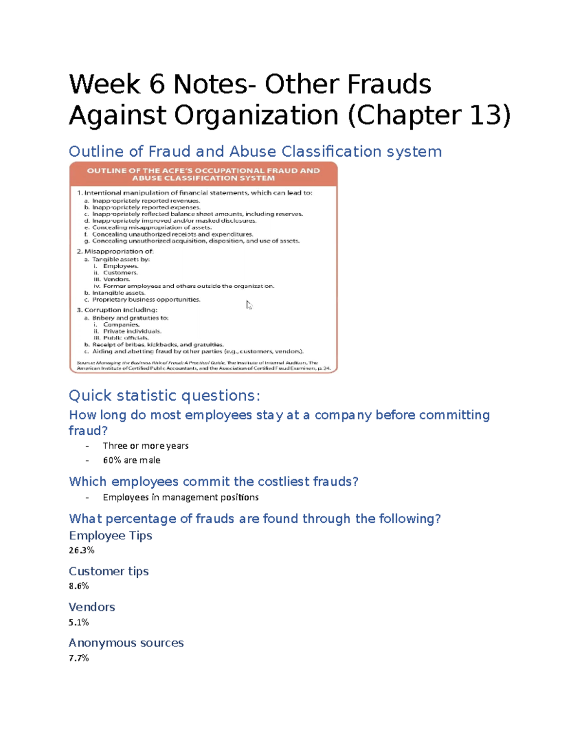 Week 6 Notes - Week 6 Notes- Other Frauds Against Organization (Chapter ...