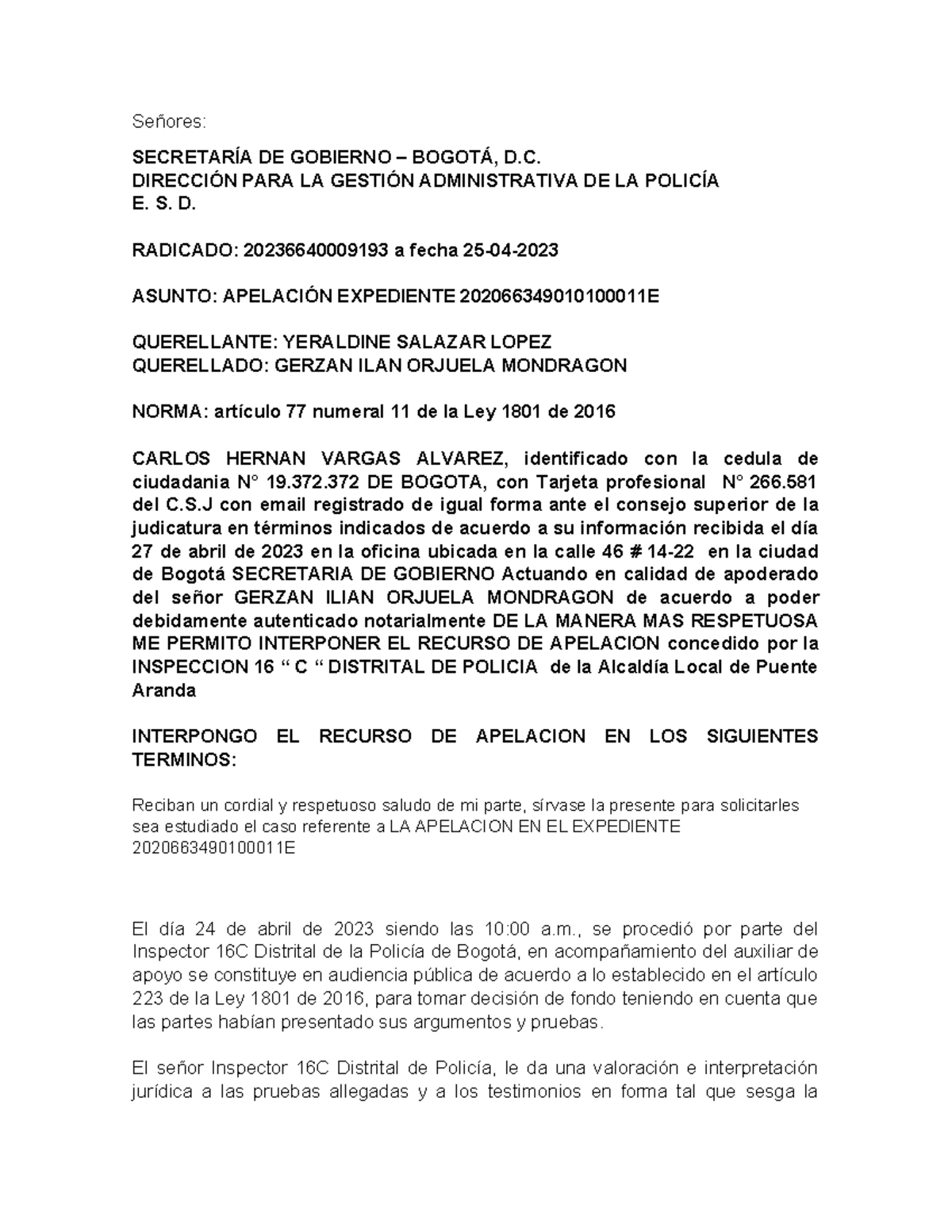 APELACIONES ANTE TRANSITO Y ANTE SECRETARIA DE GOBIERNO - Señores ...