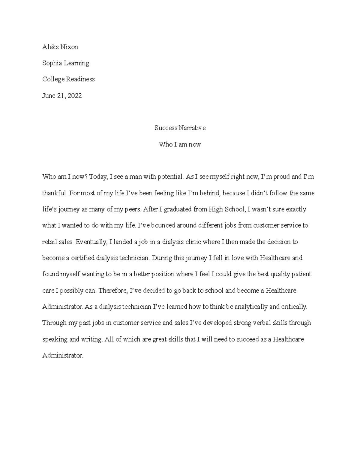 Success Narrative - Aleks Nixon Sophia Learning College Readiness June ...