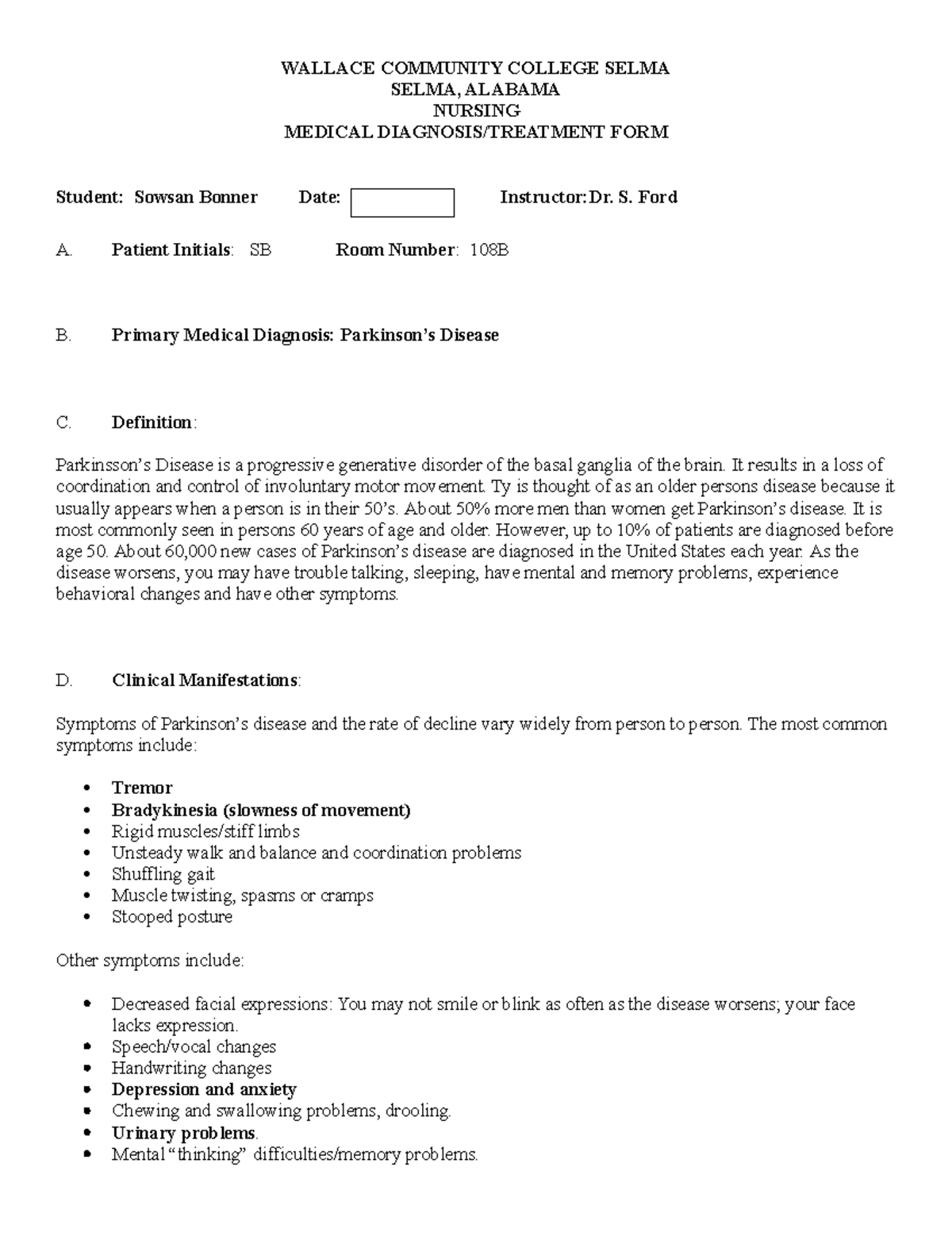 Parkinsons write up - WALLACE COMMUNITY COLLEGE SELMA SELMA, ALABAMA ...