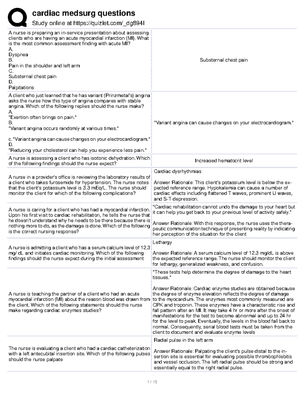 Cardiac quizlet - Nursing 213 - Study online at quizlet/_dg894l A nurse ...