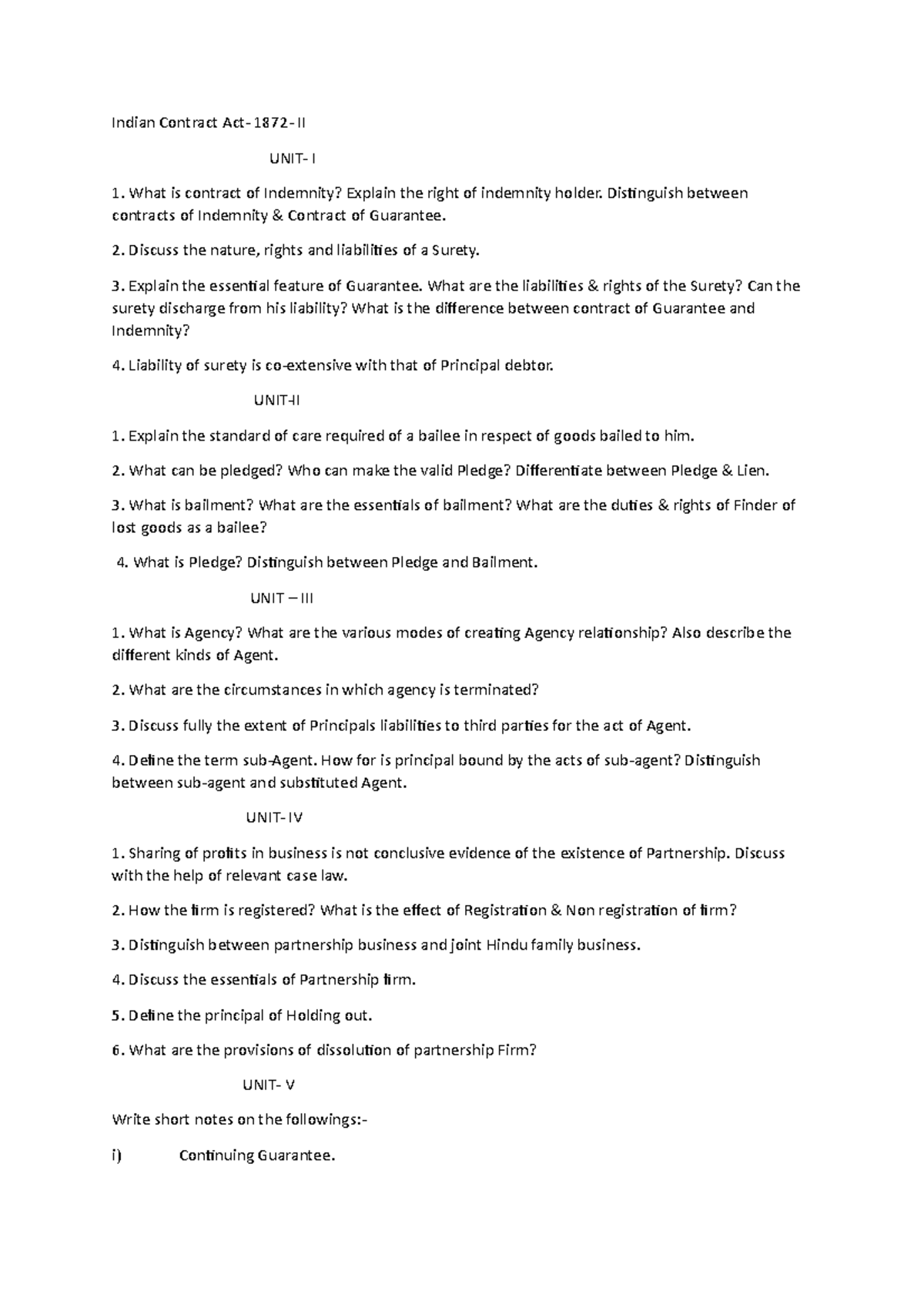 Contract 2 notes - Indian Contract Act- 1872- II UNIT- I What is ...