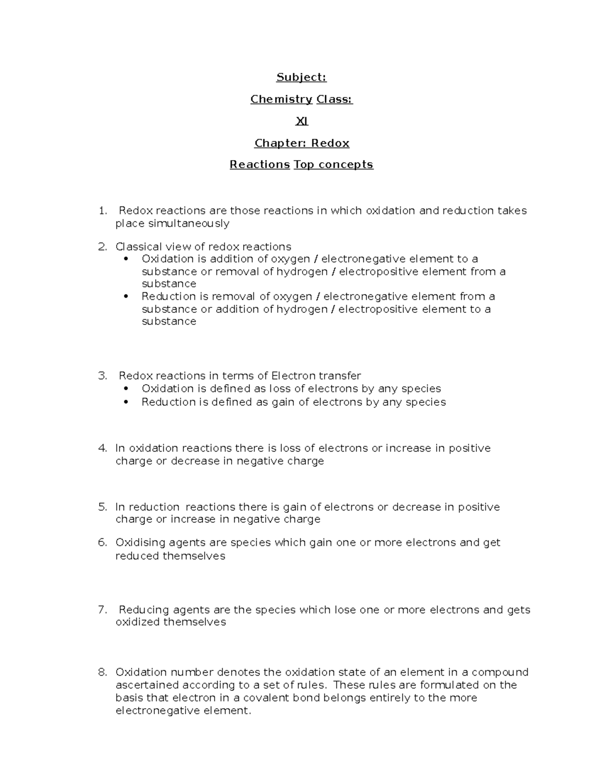 11 chemistry notes ch08 Redox Reaction 02 - Subject: Chemistry Class ...