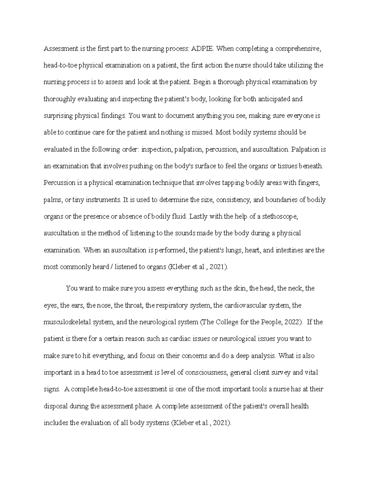 Head to Toe - Head to Toe Notes - Assessment is the first part to the ...