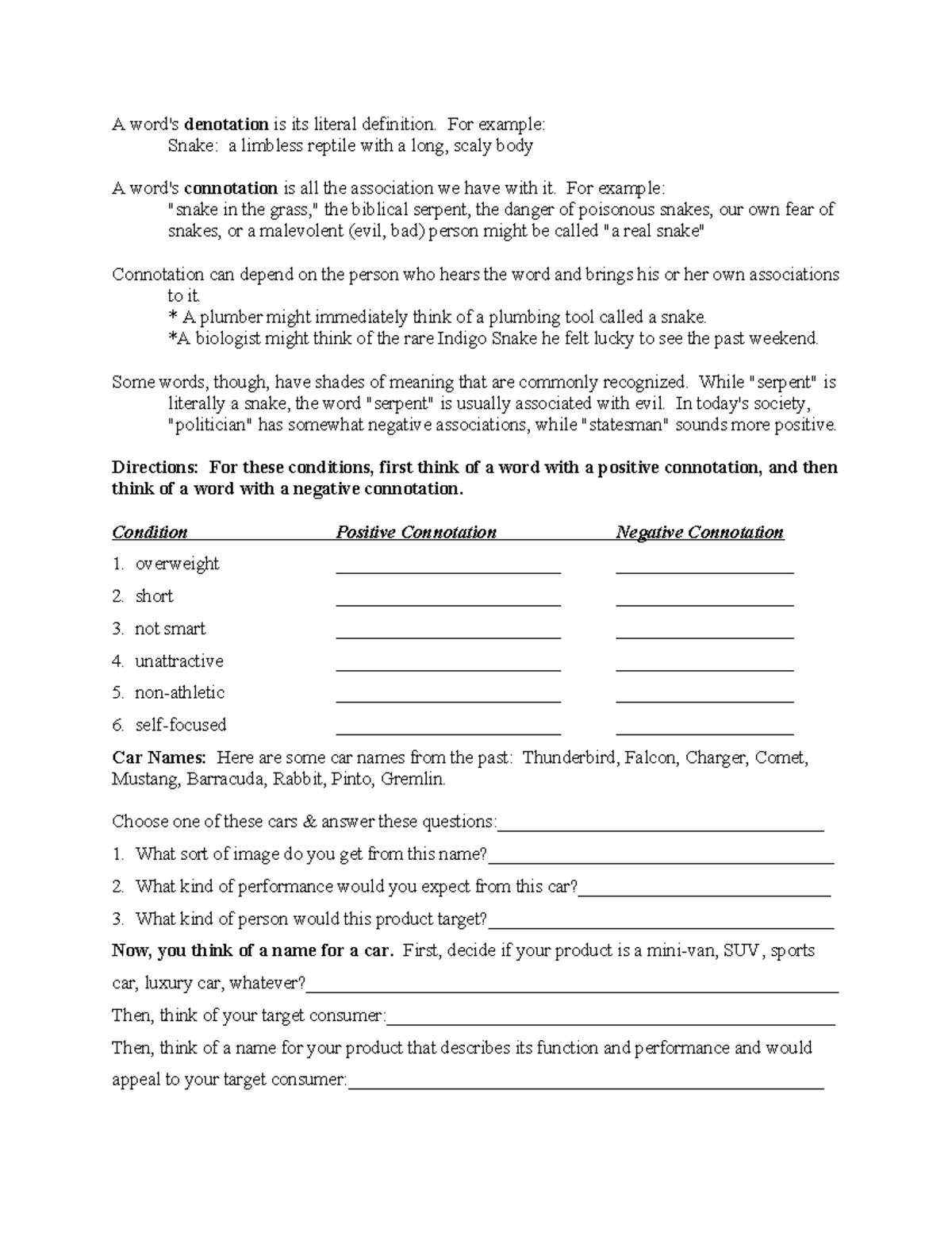 Denotation Connotation Worksheet - A word's denotation is its literal ...