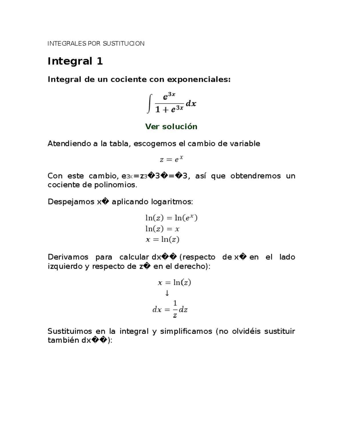 Integrales POR Sustitucion - INTEGRALES POR SUSTITUCION Integral 1 ...