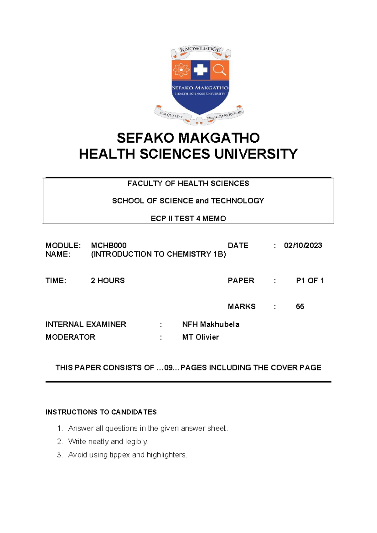 ECP II Test 4 Memo 2023 - Tutorials and tests - SEFAKO MAKGATHO HEALTH ...