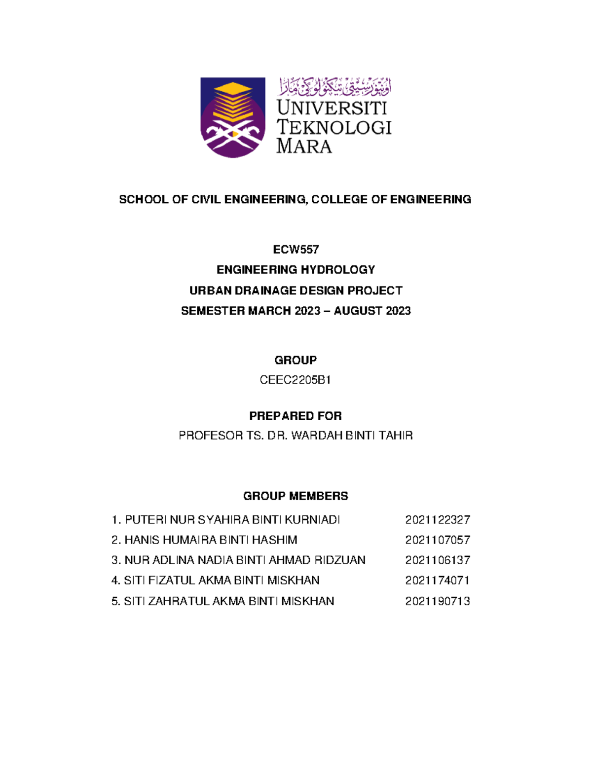 Hydrology Group 4 Final Report - SCHOOL OF CIVIL ENGINEERING, COLLEGE OF ENGINEERING ECW ...