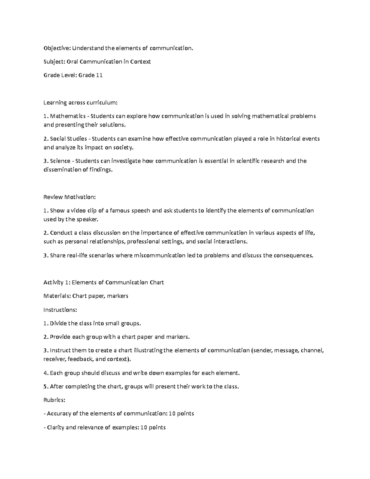 Elements OF COMM LP - Objective: Understand the elements of ...