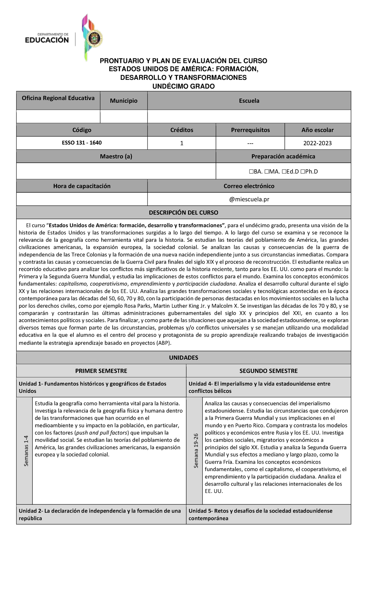 Prontuario 11mo. grado 2022 - PRONTUARIO Y PLAN DE EVALUACIÓN DEL CURSO ...