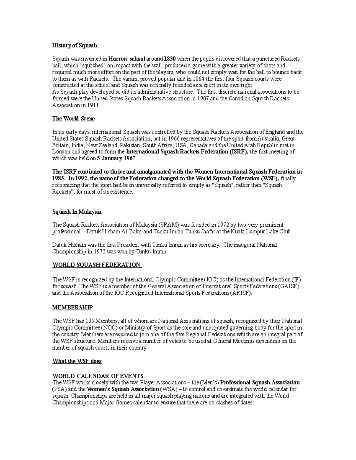 W1 History of Squash & WSF - History of Squash Squash was invented in ...