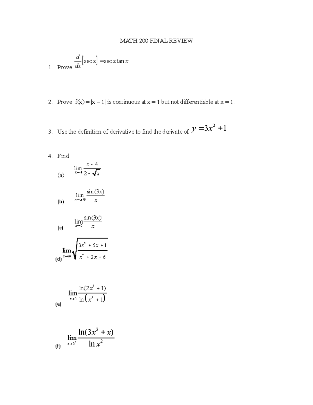 Final Review - MATH 200 FINAL REVIEW Prove sec sec tan d x x x dx 2 ...