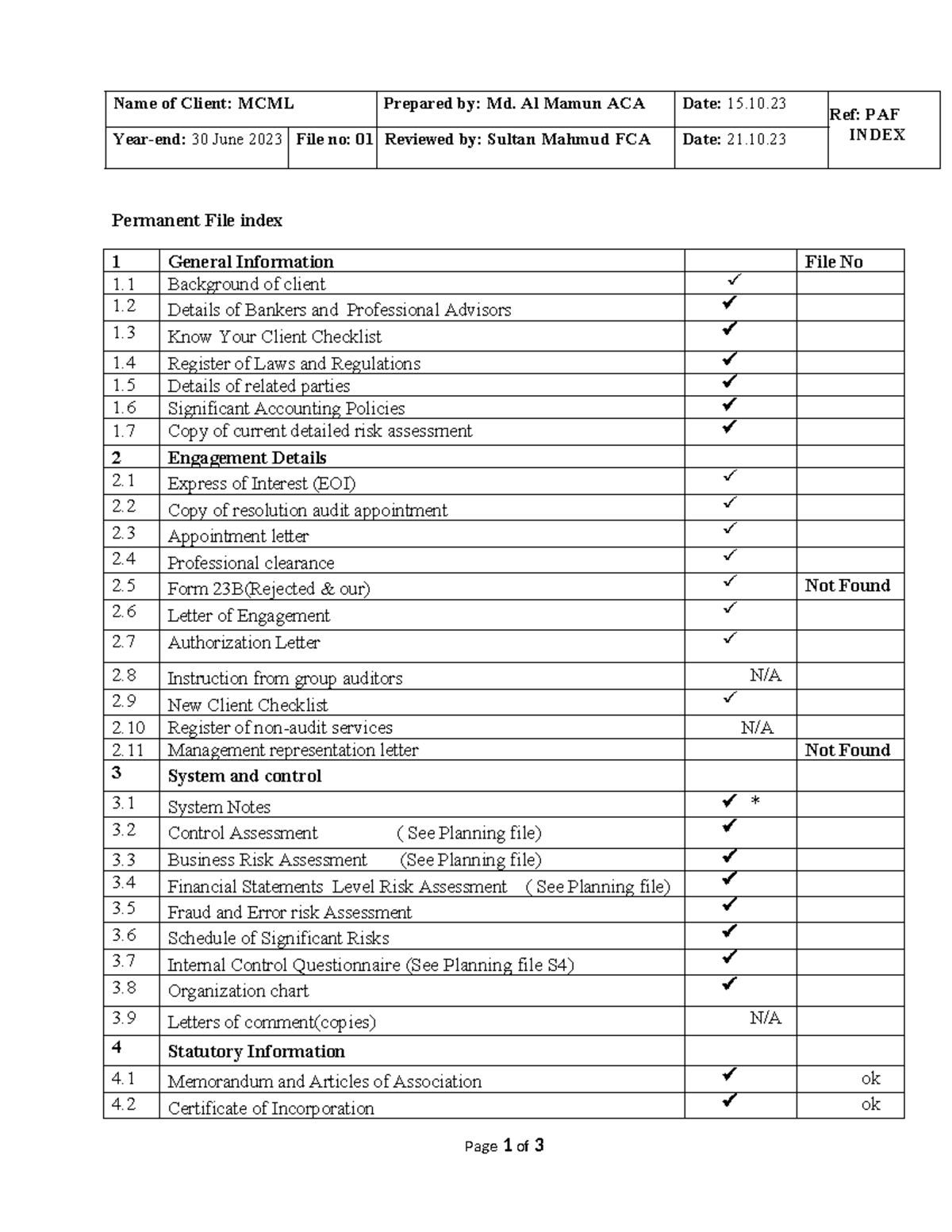 Permanent Audit File Index final - Name of Client: MCML Prepared by: Md ...