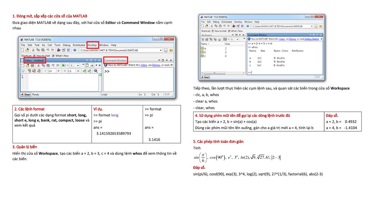 Chapter 1. Bắt đầu với Matlab. Thực hành - Đóng mở, sắp xếp các cửa sổ ...