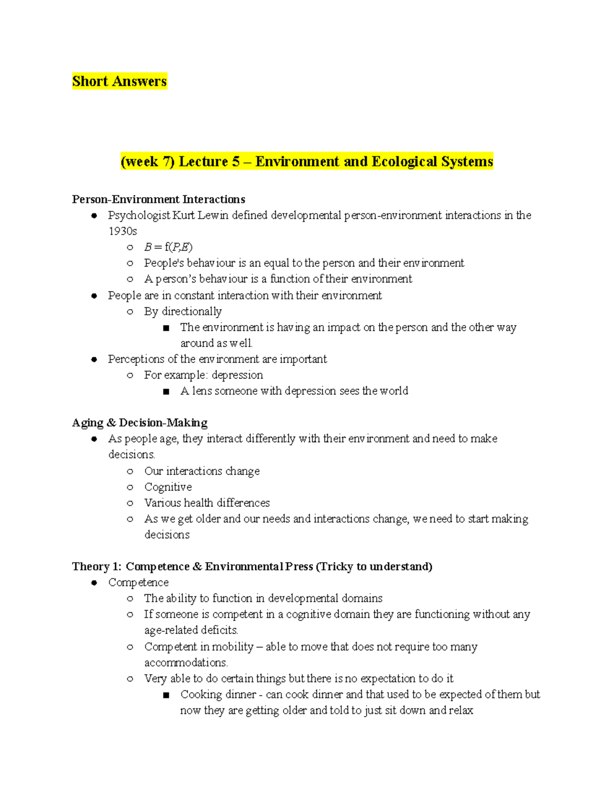 Chapter 5-9 - Lecture notes - Short Answers (week 7) Lecture 5 ...