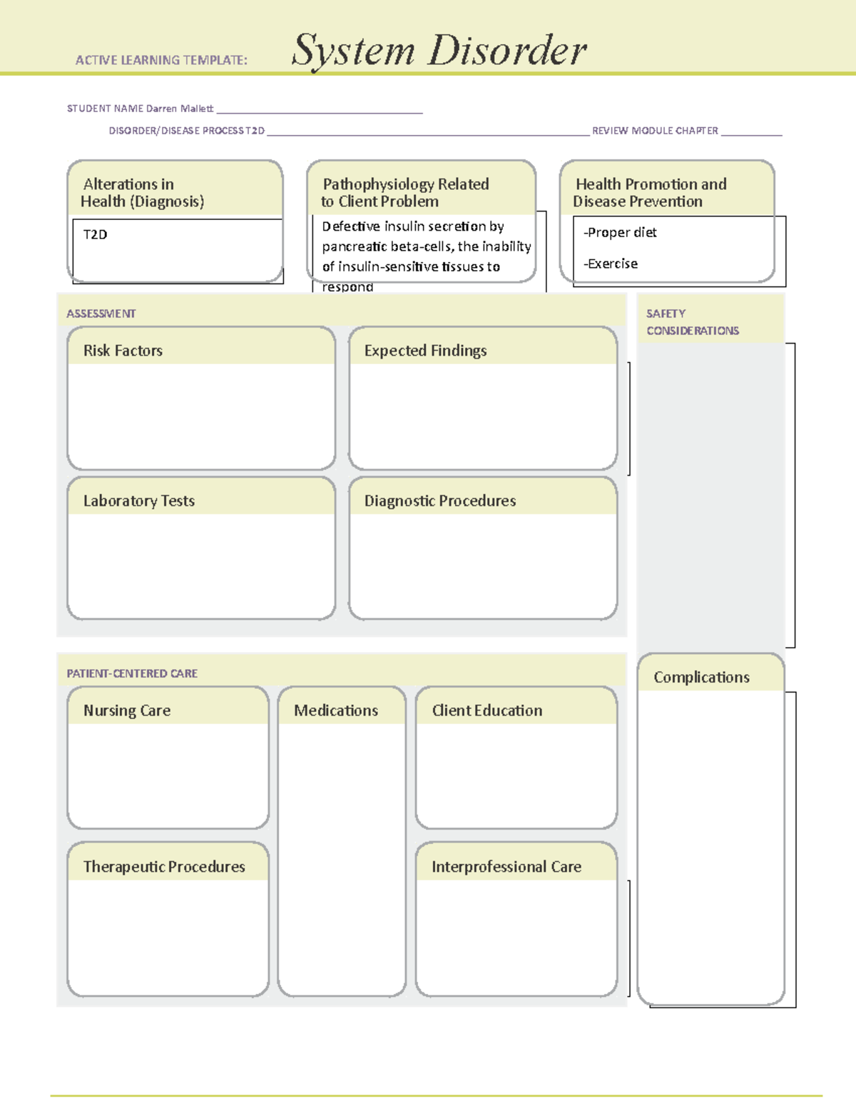 System Disorder T2D - ATI Template - STUDENT NAME Darren Mallett - Studocu