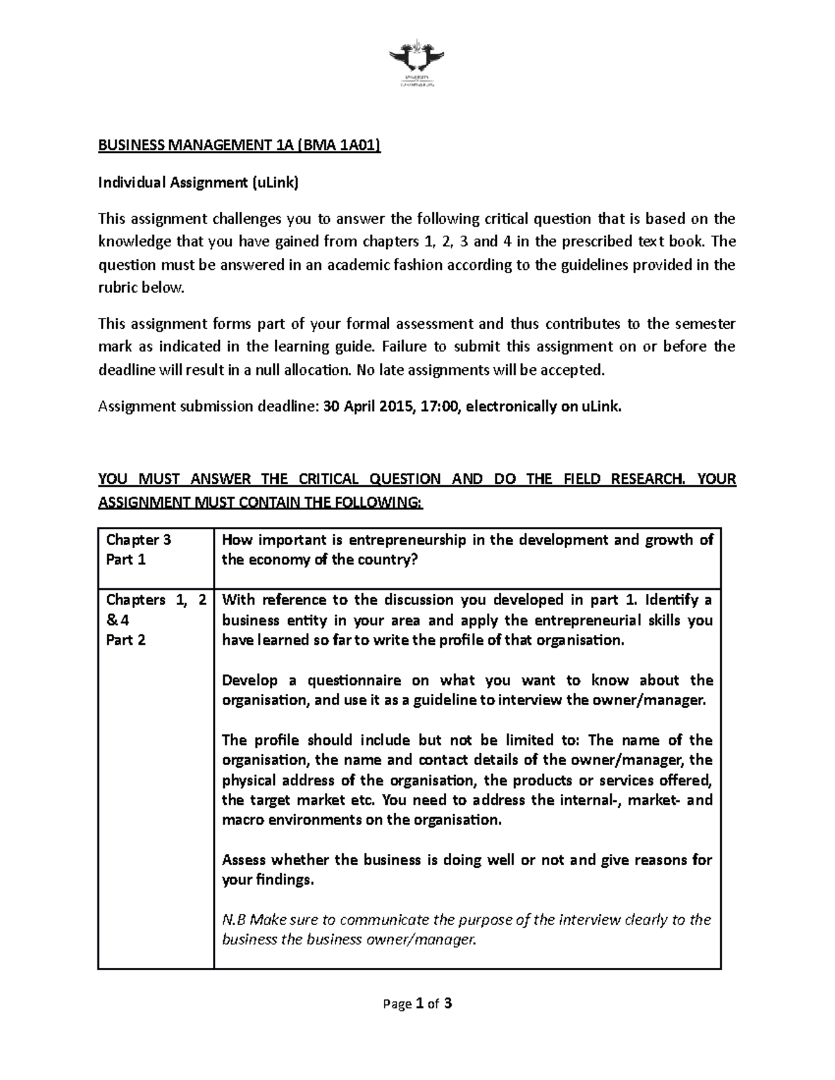 BMA 1A Written Assignment 2015 - BUSINESS MANAGEMENT 1A (BMA 1A01 ...