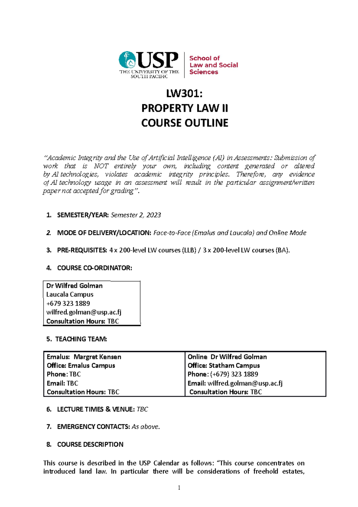 LW301 Course Outline Semester 2 2023 updated version-2 - LW301 ...