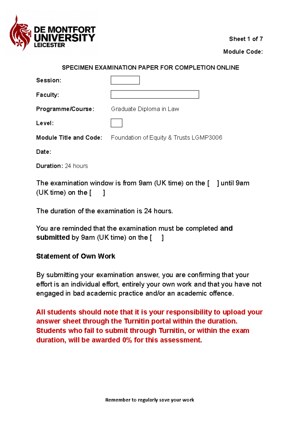 Specimen Exam Paper 2022(1)[86] - Module Code: SPECIMEN EXAMINATION ...