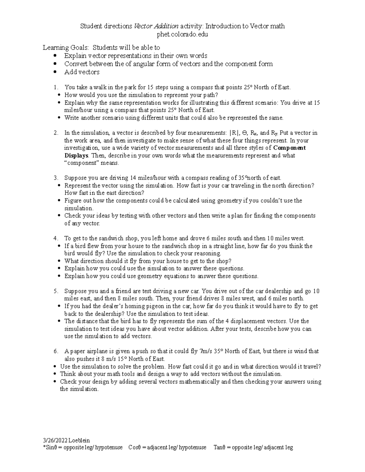 Vector Addition for Inside Variables - Student directions Vector ...