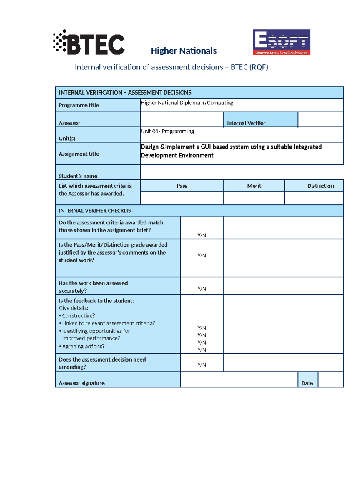 Unit 01 Programming Assignment Hnd Higher Nationals Internal