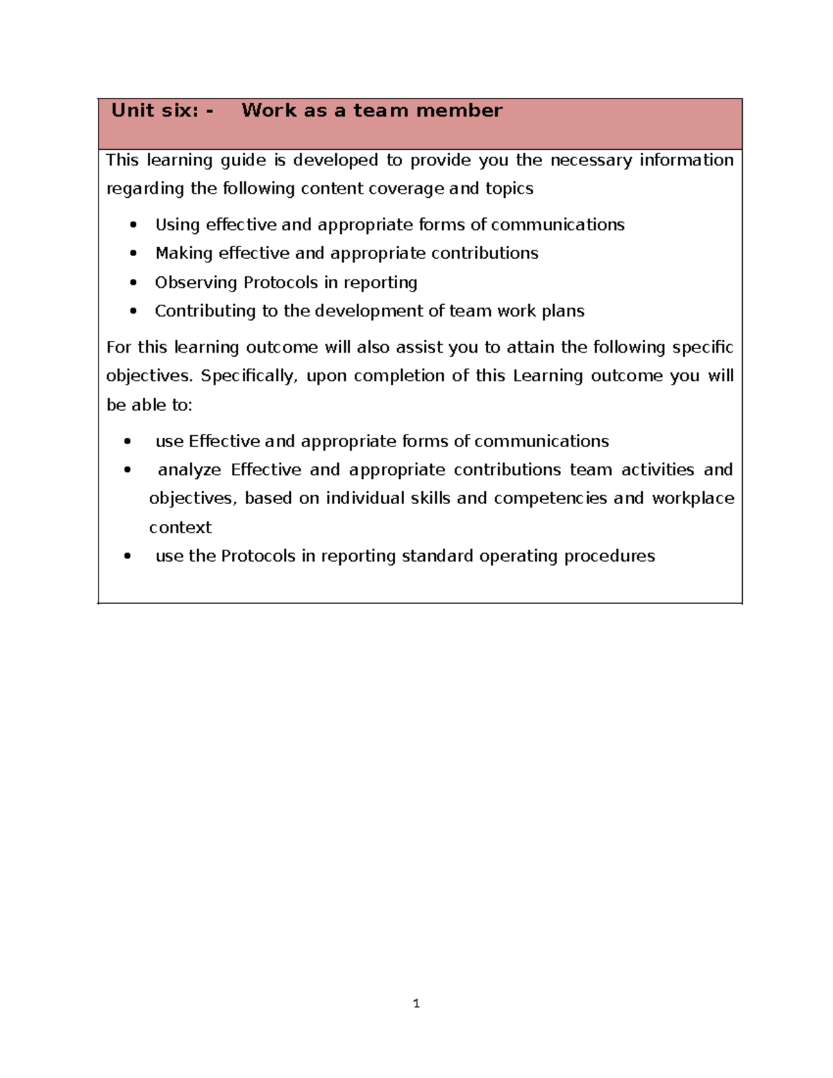 Unit six Communication - Unit six: - Work as a team member This ...