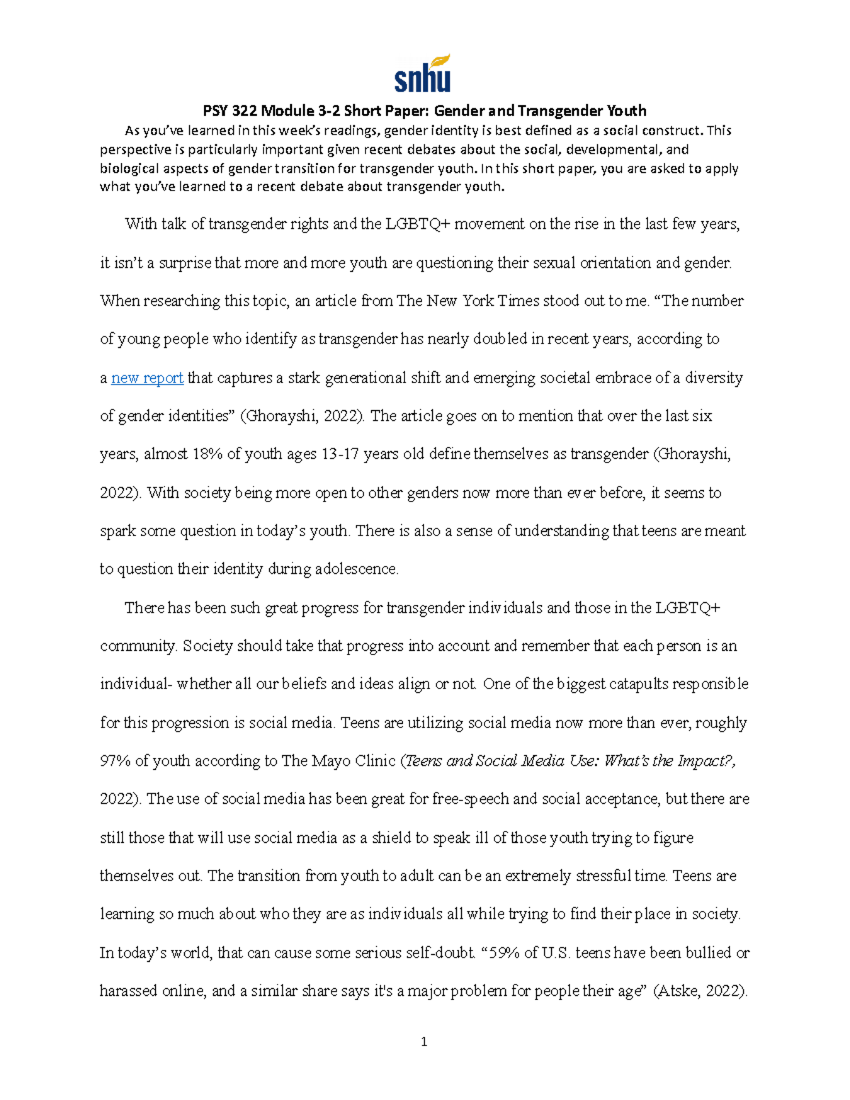 PSY 322 Module 3-2 Short Paper - As you’ve learned in this week’s readings, gender identity is ...