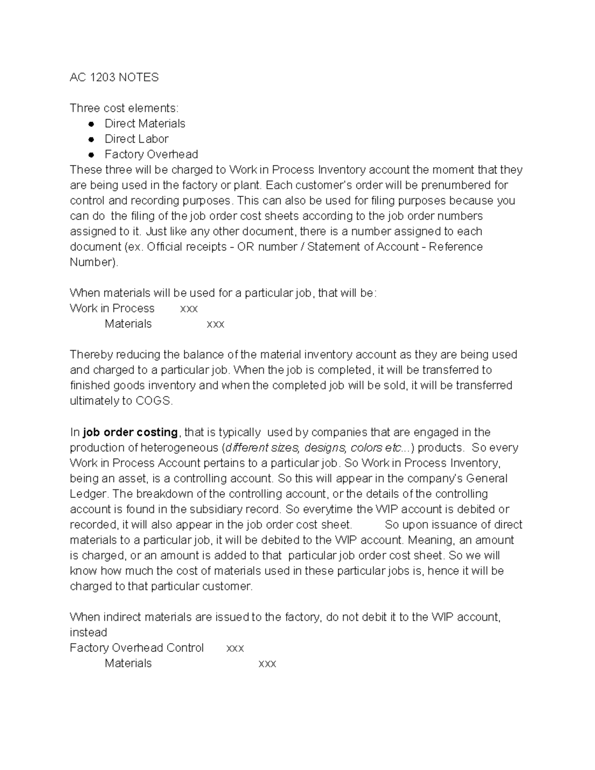 AC 1203 Notes - Chapter 2 - AC 1203 NOTES Three cost elements: Direct ...