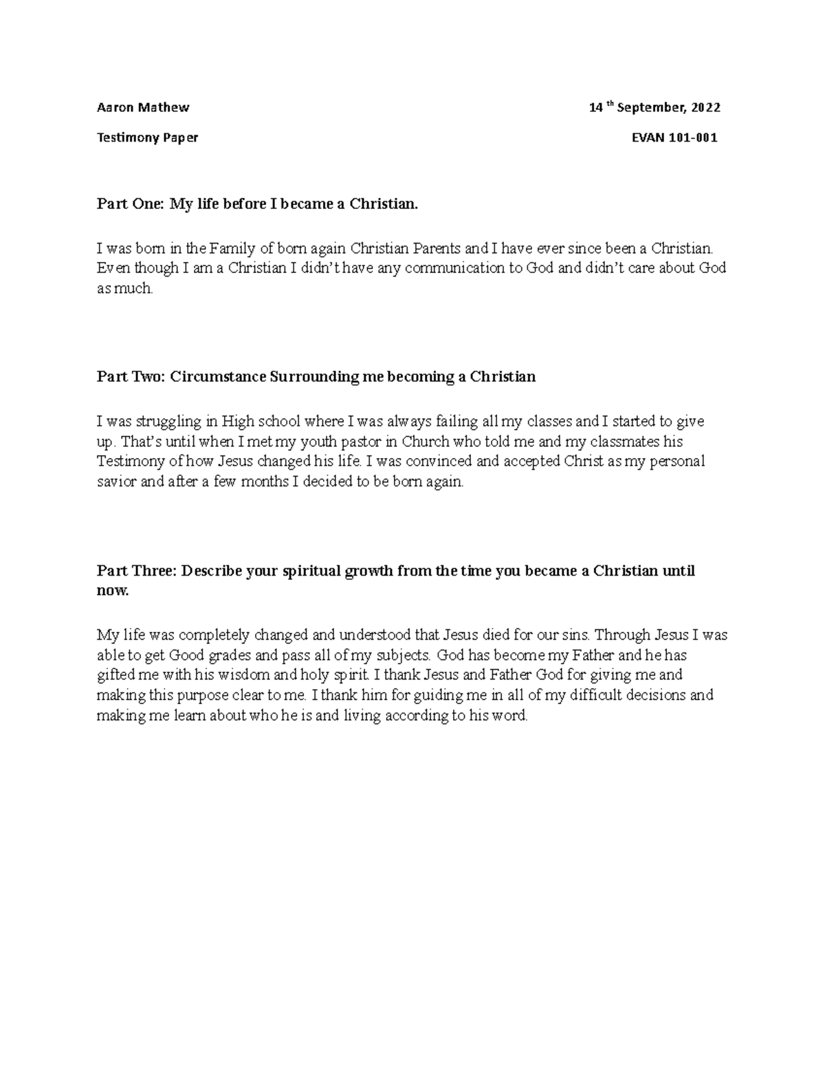 Testimony paper - Aaron Mathew 14 th September, 2022 Testimony Paper ...