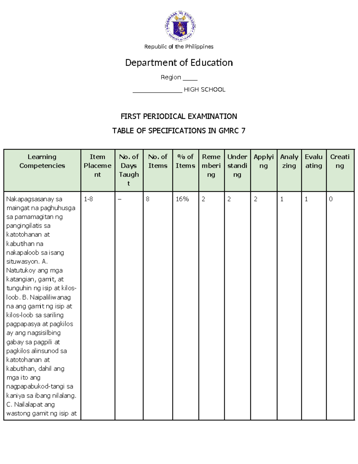 GMRC 7 Matatag PT - Republic of the Philippines Department of Education ...