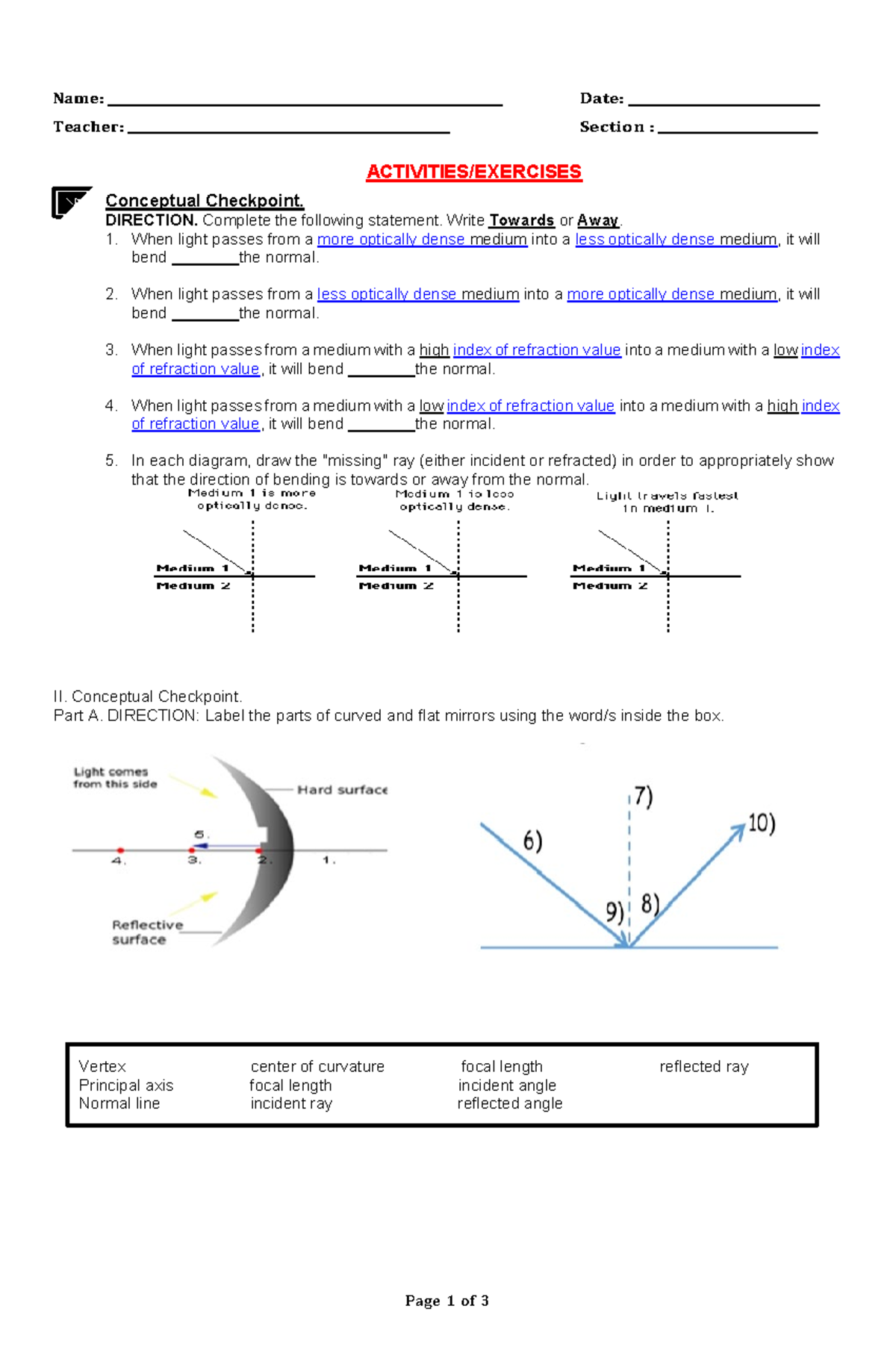 Sw - sw sw - Name: Teacher: Date: Section : Page 1 of 3 ACTIVITIES ...