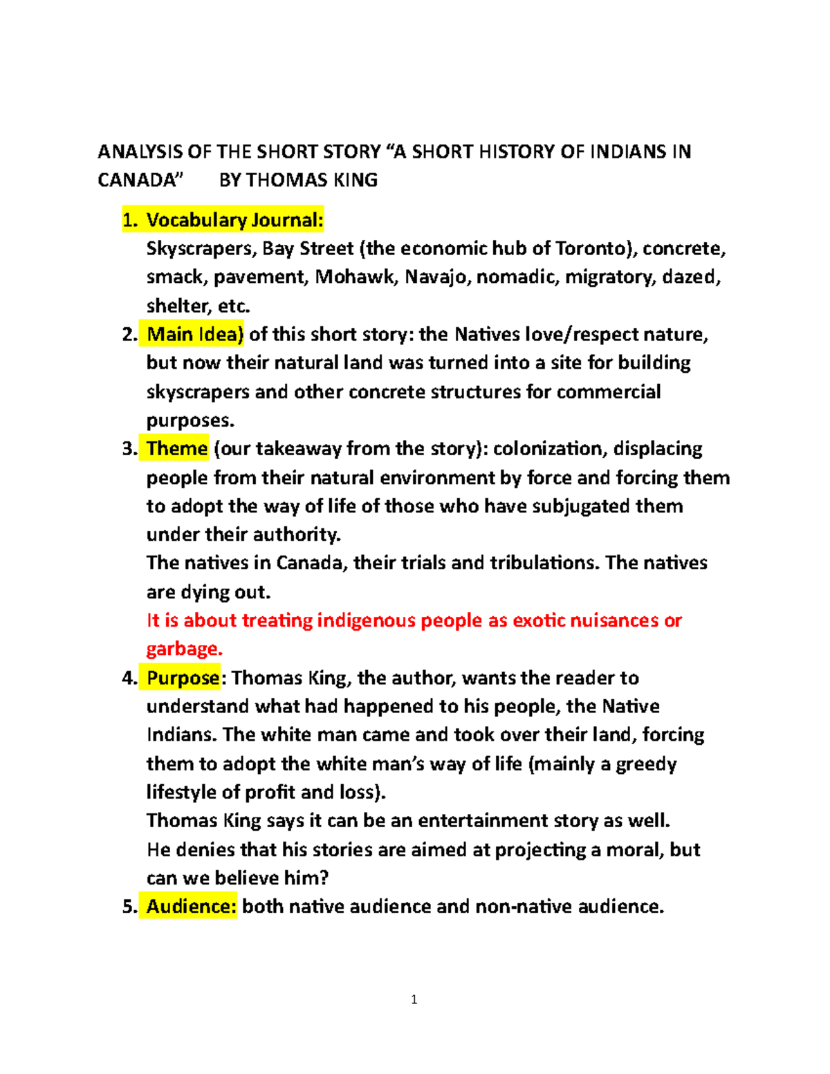 FIrst Nation A Short History of Indians - ANALYSIS OF THE SHORT STORY ...
