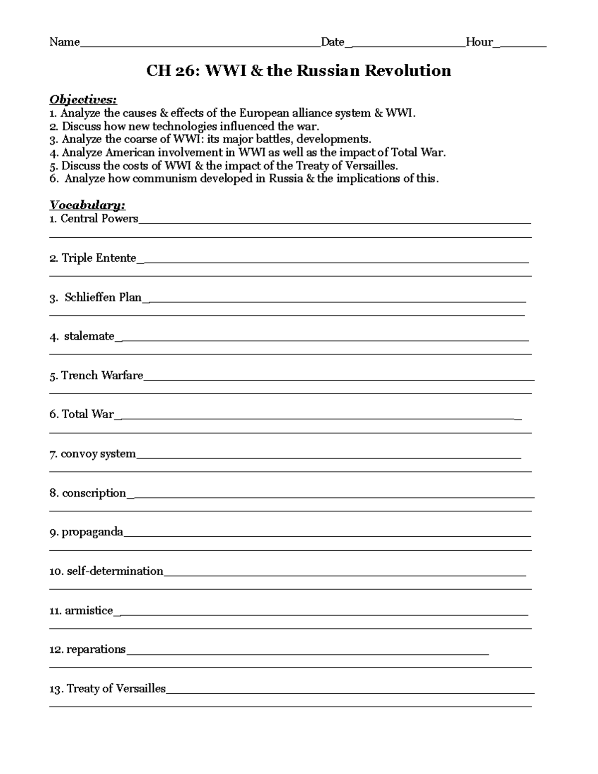 Ch 26 study guide - Name Date_ Hour_ CH 26: WWI & the Russian ...
