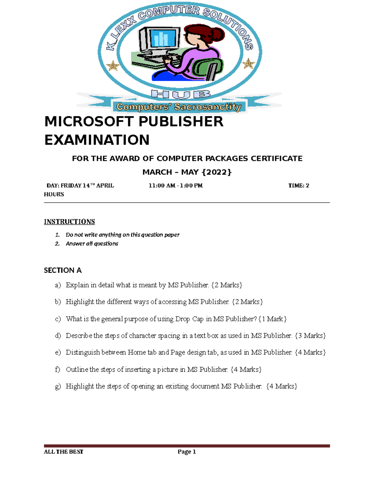 EXAM8 MS Publisher - MICROSOFT PUBLISHER EXAMINATION FOR THE AWARD OF ...
