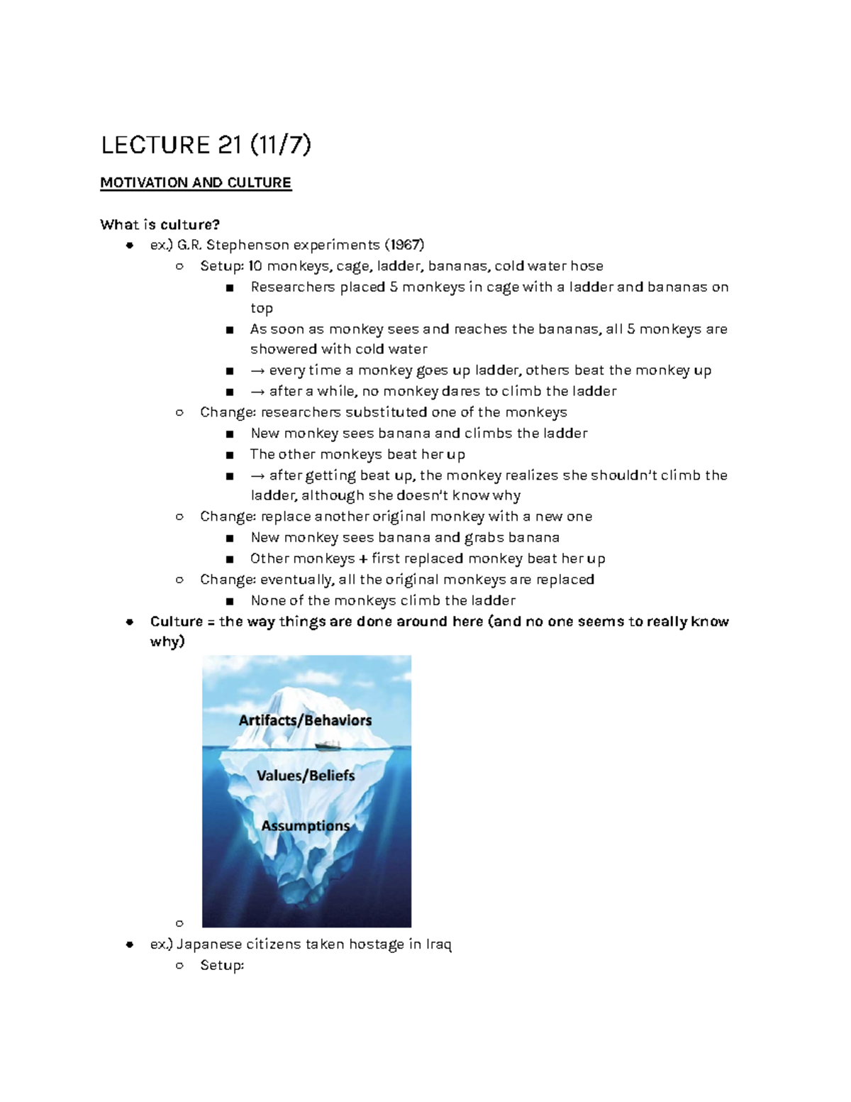 Leading People In Organizations Lecture 21 - LECTURE 21 (11/7) MOTIVATION AND CULTURE What is ...