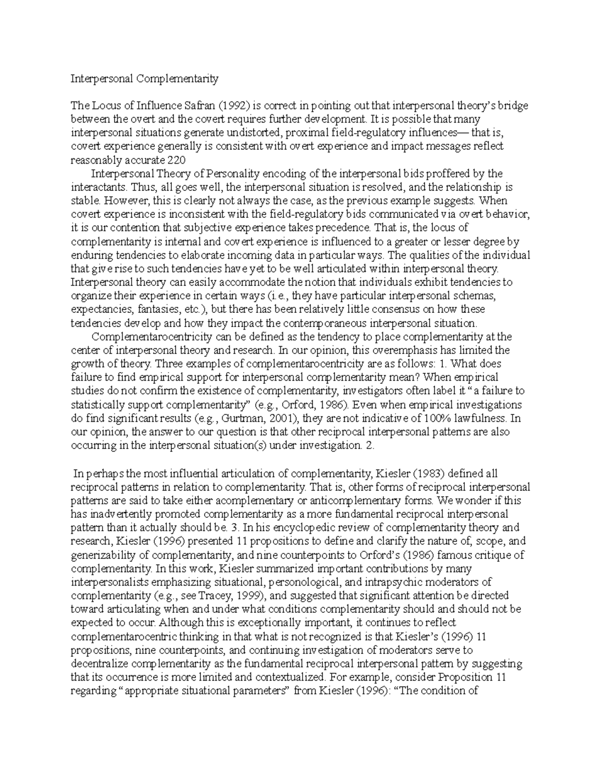 Interpersonal Complementarity - It is possible that many interpersonal situations generate - Studocu