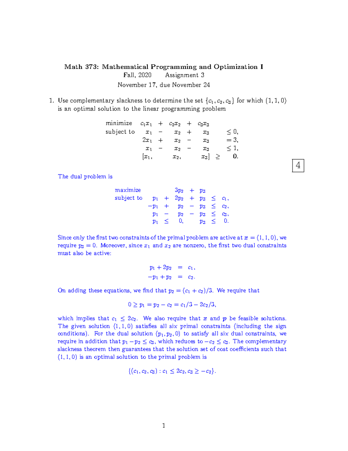 Assign 3 - Math 373: Mathematical Programming and Optimization I Fall ...