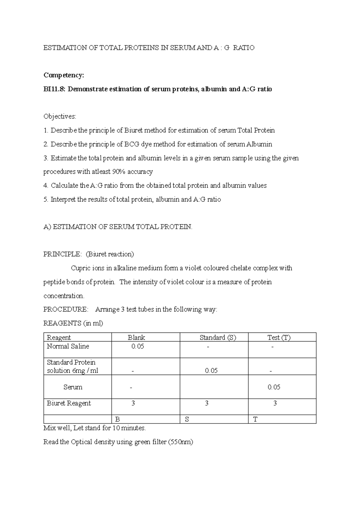 Total protein Albumin - ESTIMATION OF TOTAL PROTEINS IN SERUM AND A : G ...