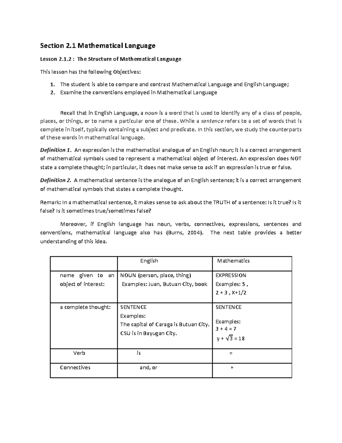 Lesson-2 - Lecturez - Section 2 Mathematical Language Lesson 2.1 : The ...