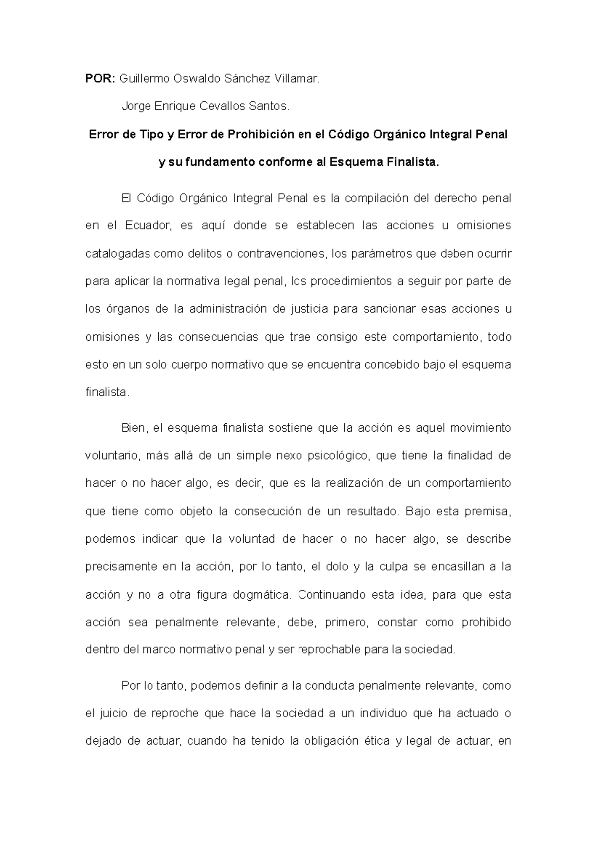Error de Tipo y Error de Prohibición en el Código Orgánico Integral ...