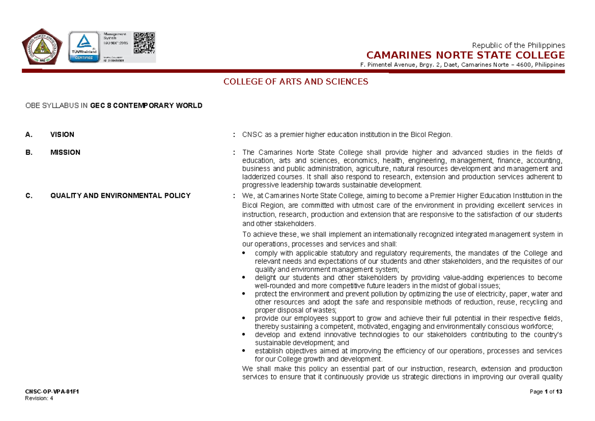 GEC 8 Contemporary World - COLLEGE OF ARTS AND SCIENCES CAMARINES NORTE ...