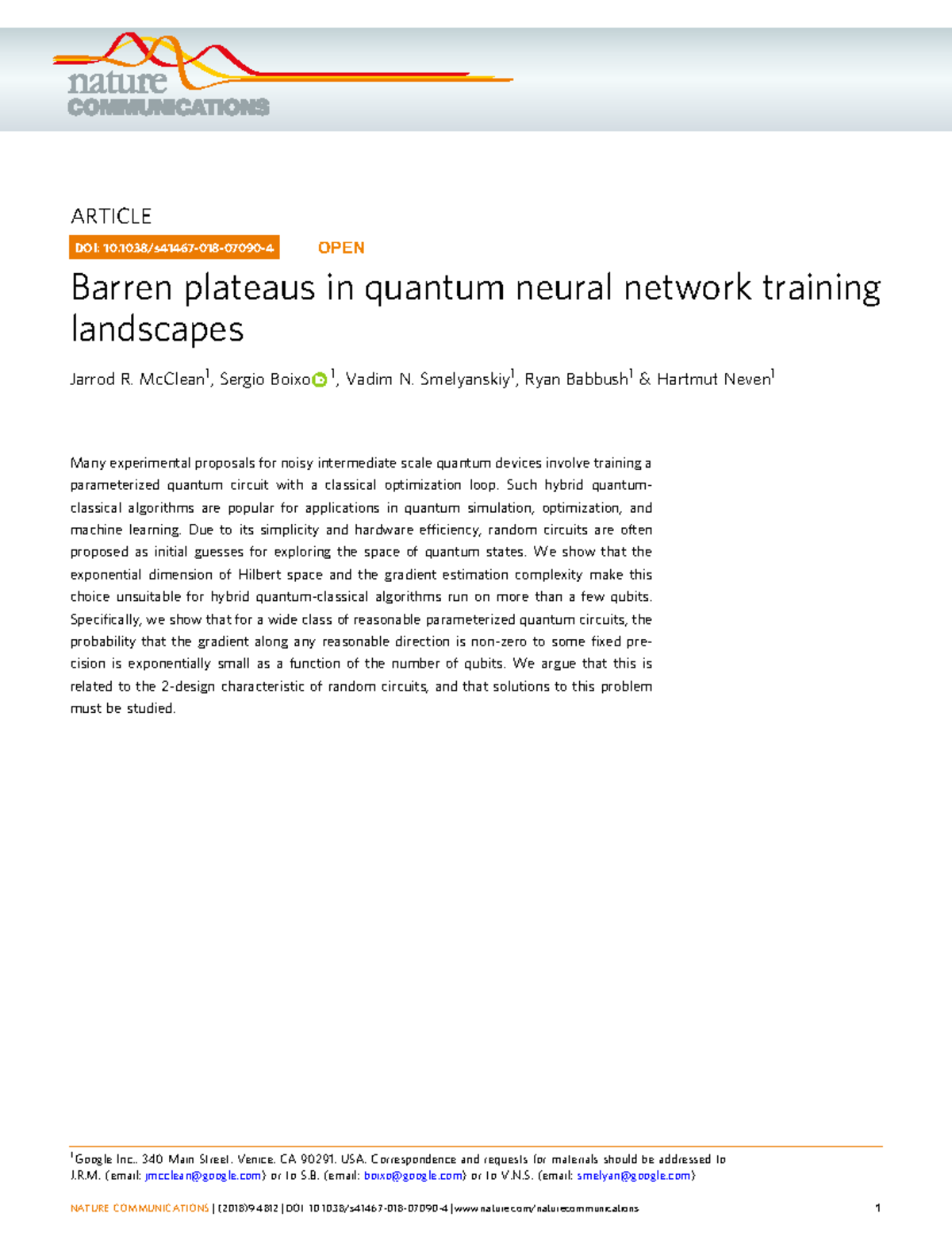 S41467 018 07090 4 - ... - ARTICLE Barren plateaus in quantum neural ...