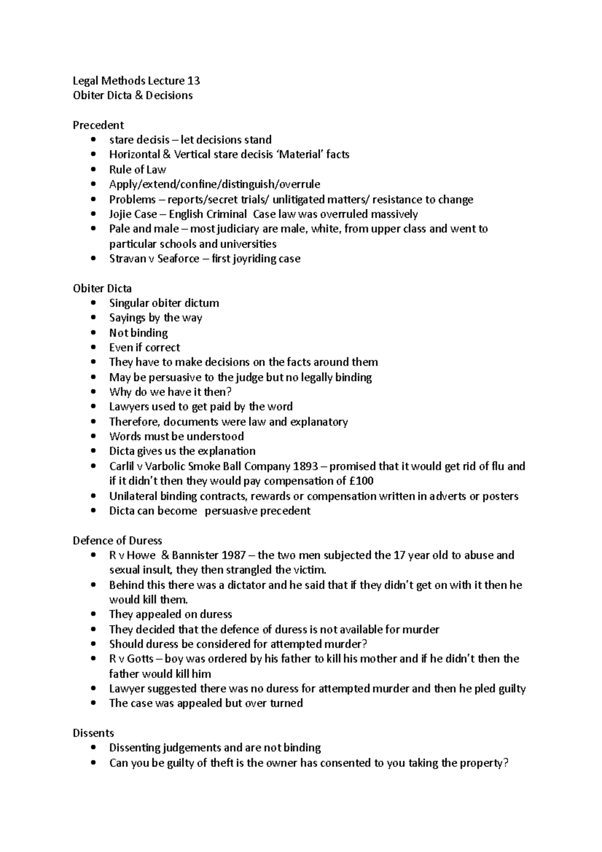 Lecture 13 - Obiter Dicta & Dissents - Legal Methods Lecture 13 Obiter ...