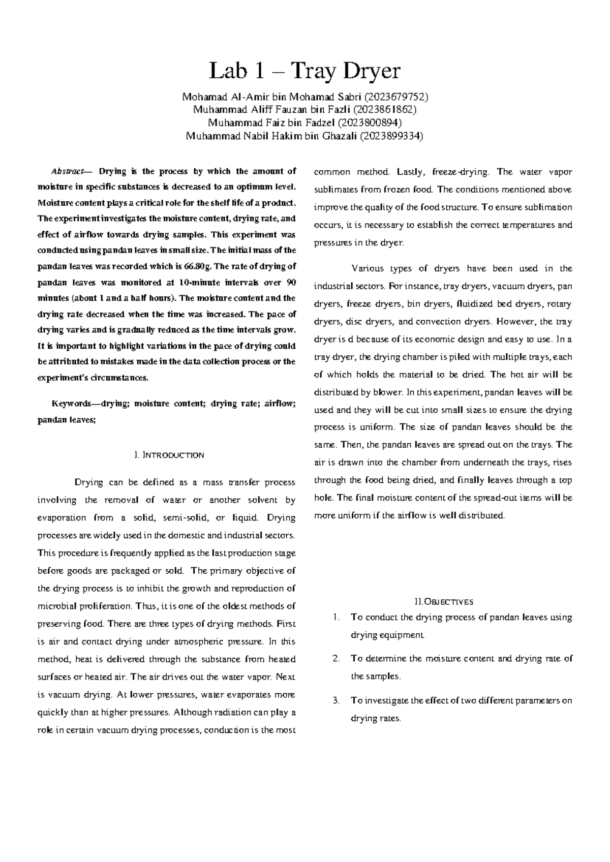 CEEH220 4H Group 3 Lab 1 Tray Dryer Manuscript Open Ended - Lab 1 ...