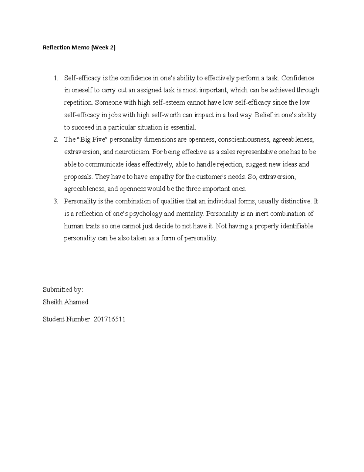 Week 2 memo - weekly memo - Reflection Memo (Week 2) Self-efficacy is ...