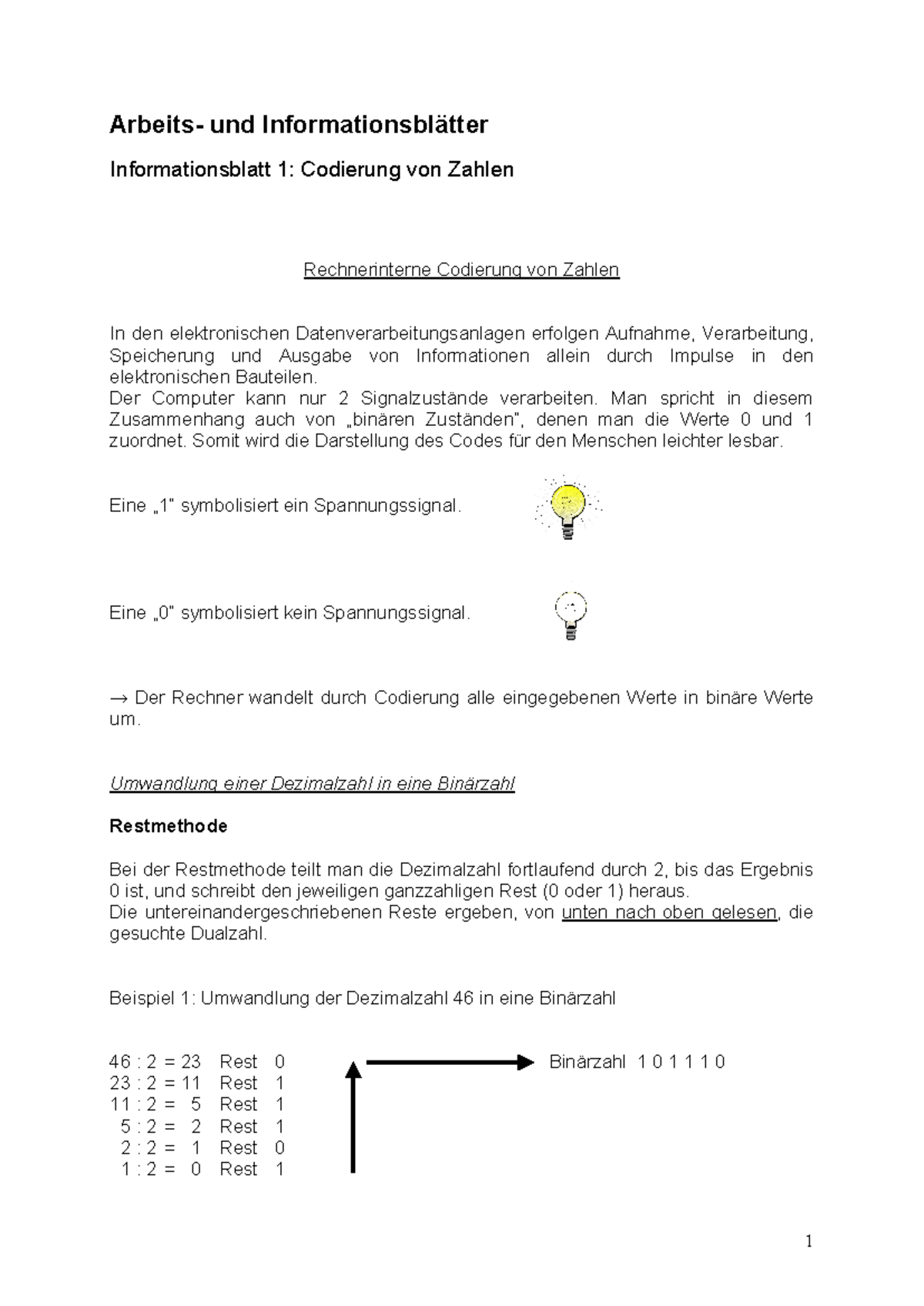 Übungsaufgabe Codierung Decodierung von Binärzahlen in der ...
