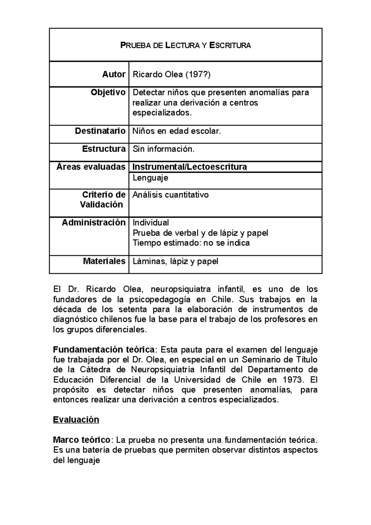 Prueba de Lectura y Escritura Ricardo Ol - PRUEBA DE LECTURA Y ...