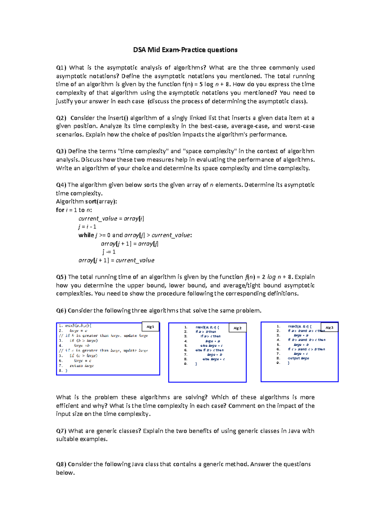 DSA Practice questions mid semester exam - DSA Mid Exam-Practice questions Q1) What is the - Studocu