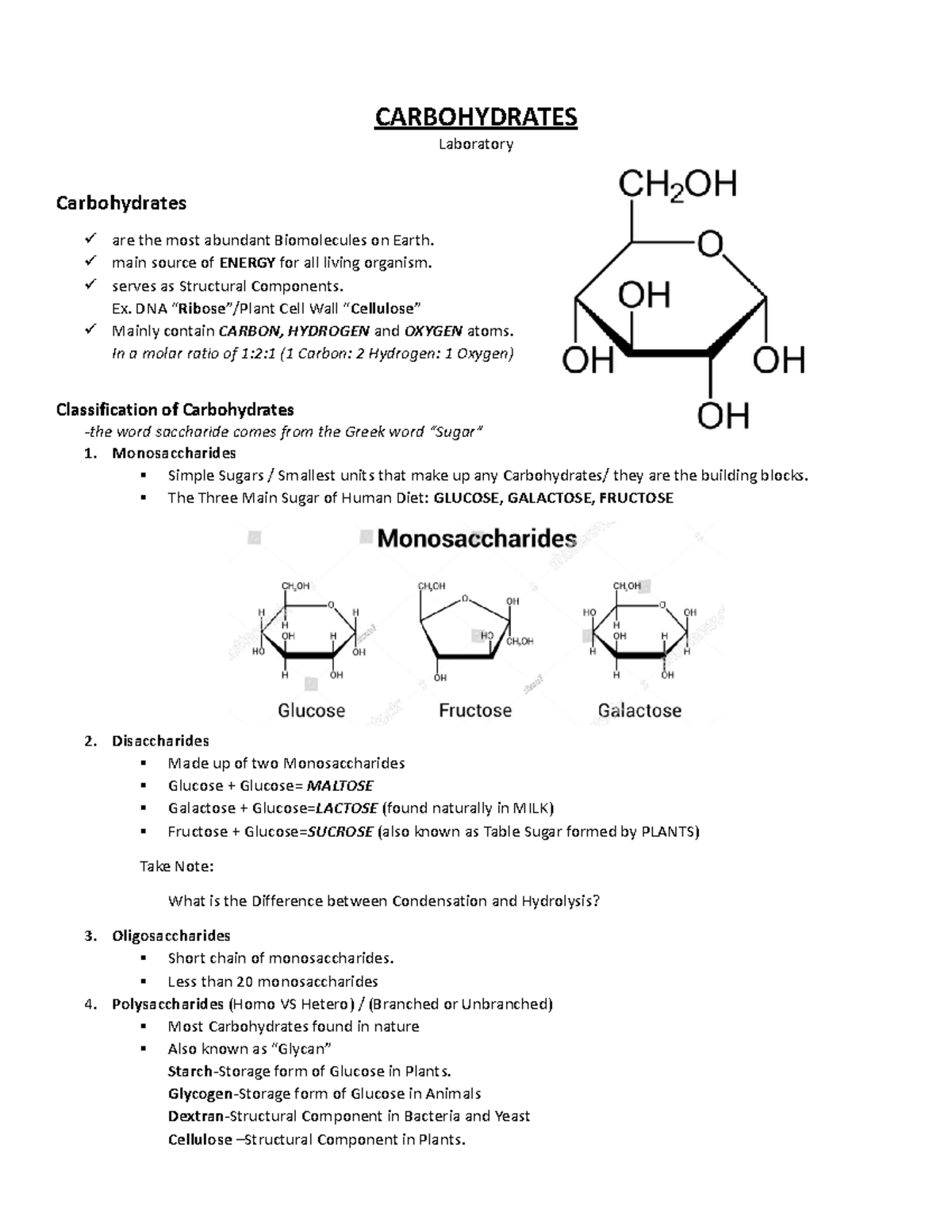 Carbohydrates and test for reducing sugar - CARBOHYDRATES Laboratory ...