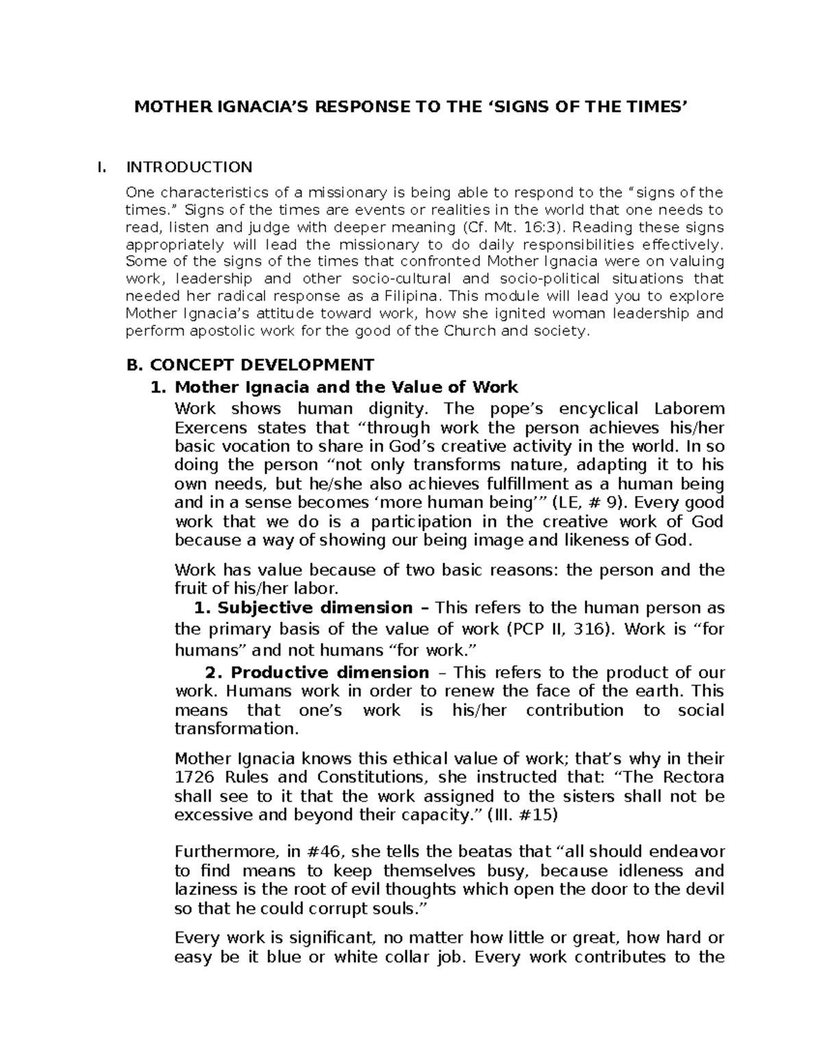 Module-2-IFP2 - MOTHER IGNACIA’S RESPONSE TO THE ‘SIGNS OF THE TIMES’ I ...
